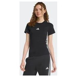 T-Shirt Adidas SPORTSWEAR "HOLIDAY 3-STREIFEN SCHMAL GESCHNITTENES", Damen, Gr. L, schwarz (schwarz, silber metallic), Obermaterial: 100% Baumwolle, Rundhals, Shirts T-Shirt, schmal geschnittene Passform, Rundhalsausschnitt