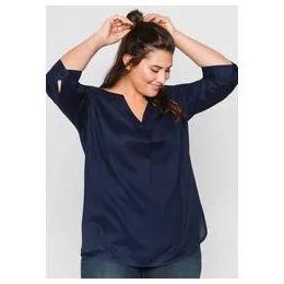 Longbluse sheego, Damen, Gr. 48, blau (marine), 100% Viskose, unifarben, Rundhals, Blusen Longbluse