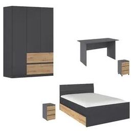 Jugendzimmer-Set Rauch "Komplettzimmer Schlafzimmer-Set (5-St.) Jugendzimmer-Set JOEL", graumetallic, eiche artisan, PREMIUM + ohne Matratze, B/H: 140cm x 200cm, PREMIUM, Holzwerkstoff, Schlafzimmerm&ouml;bel-Sets, Bett 2 Breiten,Nachttisch,Tisch,Rollcontainer,Schrank MADE IN GERMANY
