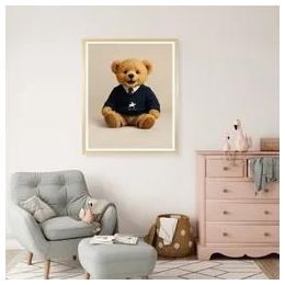 Bild mit Rahmen queence "Vintage Polo Teddy B&auml;r mit Krawatte", farbe rahmen: beige, farbe bild(er): blau, B:40cm H:50cm T:1,5cm, Acrylglas, Holzrahmen, Bilder, HD Premium Poster-Druck inkl. Echtholzrahmen in beige