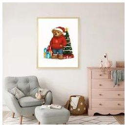 Bild mit Rahmen queence "Teddy B&auml;r mit Weihnachtsm&uuml;tze vor Tannenbaum", farbe rahmen: beige, farbe bild(er): rot, B:40cm H:50cm T:1,5cm, Acrylglas, Holzrahmen, Bilder, HD Premium Poster-Druck inkl. Echtholzrahmen in beige