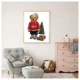 Bild mit Rahmen queence "Teddy B&auml;r mit Weihnachtsm&uuml;tze und Geschenken", farbe rahmen: beige, farbe bild(er): rot, B:40cm H:50cm T:1,5cm, Acrylglas, Holzrahmen, Bilder, HD Premium Poster-Druck inkl. Echtholzrahmen in beige