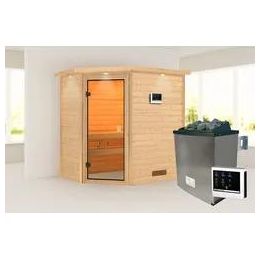 Sauna Karibu "Juli" mit bronzierter T&uuml;r und Kranz SET, naturbelassen mit Ofen 9 kW", naturbelassen, Saunaofen, externe Steuerung, 400 kW, Saunen, aus hochwertiger nordischer Fichte