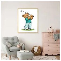 Bild mit Rahmen queence "Teddy B&auml;r auf Golfplatz", farbe rahmen: beige, farbe bild(er): t&uuml;rkis, B:40cm H:50cm T:1,5cm, Acrylglas, Holzrahmen, Bilder, HD Premium Poster-Druck inkl. Echtholzrahmen in beige