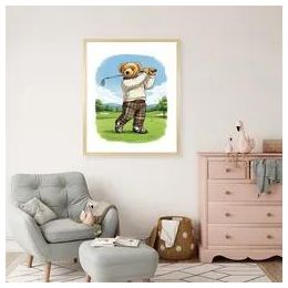 Bild mit Rahmen queence "Vintage Teddy B&auml;r in Golf Club", farbe rahmen: beige, farbe bild(er): blau, B:50cm H:70cm T:1,5cm, Acrylglas, Holzrahmen, Bilder, HD Premium Poster-Druck inkl. Echtholzrahmen in beige