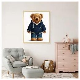 Bild mit Rahmen queence "Teddy B&auml;r mit Jeans und Hoody", farbe rahmen: beige, farbe bild(er): blau, B:30cm H:40cm T:1,5cm, Acrylglas, Holzrahmen, Bilder, HD Premium Poster-Druck inkl. Echtholzrahmen in beige