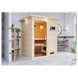 Sauna Karibu "Sandy" mit bronzierter T&uuml;r und Kranz, Ofen 9 kW, naturbelassen", naturbelassen, Saunaofen, externe Steuerung, 400 kW, Saunen, aus hochwertiger nordischer Fichte und 9 kW Ofen mit integr. Steuerung