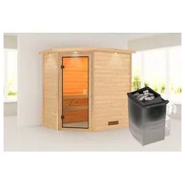 Sauna Karibu "Juli" mit bronzierter T&uuml;r und Kranz SET, naturbelassen mit Ofen 9 kW", beige (naturbelassen), Saunaofen, integrierte Steuerung, 400 kW, Saunen, aus hochwertiger nordischer Fichte