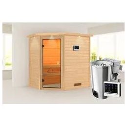 Sauna Karibu "Juli" mit bronzierter T&uuml;r und Kranz, naturbelassen", beige (naturbelassen), Bio-Kombiofen, externe Steuerung, 230 kW, Saunen, aus hochwertiger nordischer Fichte