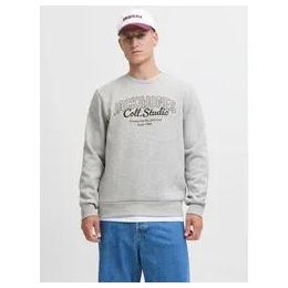 Jack & Jones Sweatshirt JACK & JONES "JJMAKOTO SWEAT CREW NECK", Herren, Gr. S, grau (light grau melange print:big print), angeraute Sweatware, Obermaterial: 80% Baumwolle, 20% Polyester, bedruckt, meliert, regular fit, Rundhals, Rippb&uuml;ndchen, Sweatshirts Sweatshirt