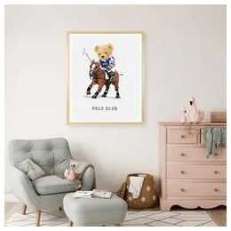 Bild mit Rahmen queence "Polo Club Teddy B&auml;r auf Pferd", farbe rahmen: beige, farbe bild(er): braun, B:30cm H:40cm T:1,5cm, Acrylglas, Holzrahmen, Bilder, HD Premium Poster-Druck inkl. Echtholzrahmen in beige