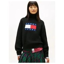 Tommy Hilfiger Rollkragenpullover TOMMY JEANS "TJW TURTLENECK FLAG SWEATER EXT", Damen, Gr. XXL (44), schwarz, Strick, Obermaterial: 53% Polyester, 38% Nylon, 9% Wolle, gemustert, regular fit normal, Rundhals, Pullover Rollkragenpullover
