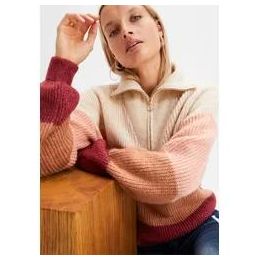 Troyer bonprix, Damen, Gr. 44/46 (L), beige (creme, altrosa, bordeaux quer gestreift), Strick, Obermaterial: 76% Polyacryl, 24% Polyester, mehrfarbig, oversize h&uuml;ftlang, Rundhals, weit Strickb&uuml;ndchen, Pullover Troyer, mit Umlegekragen, Oversize Passform