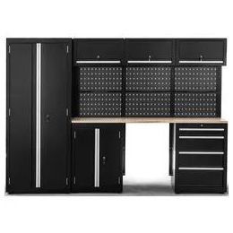 Werkstatt-Set ONDIS24 "M&auml;nnerk&uuml;che 260cm, Schwarz", schwarz, B:260cm H:183cm T:46cm, Stahl, Werkb&auml;nke, teilvormontiert, viel Stauraum, robuste Fl&auml;che, Stahl, frei stellbar