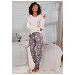 Pyjama Vivance DREAMS, Damen, Gr. 52/54, rosa, grau, Single Jersey, Obermaterial: 60% Baumwolle, 40% Polyester, gemustert, Basic, loose fit lang, Rundhals, eingesetzt angesetztes B&uuml;ndchen, Homewear-Sets Pyjama, mit s&uuml;&szlig;em Herzchen-Print