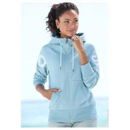 Kapuzensweatjacke ELBSAND "Kalea", Damen, Gr. XL (42), aquamarine, Sweatware, Obermaterial: 95% Baumwolle, 5% Elasthan, unifarben mit Farbeinsatz, figurumspielend h&uuml;ftlang, extrabreites B&uuml;ndchen, Sweatjacken, mit gro&szlig;em Logodruck hinten, bequeme Freizeitjacke mit Taschen