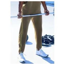 Sporthose, Herren, Gr. XXL (60/62), XXL, khaki, Sweatware, Obermaterial: 50% Polyester, 45% Baumwolle, 5% Elasthan, LE JOGGER PERFORMANCE, bedruckt, kontrastfarbene Details, unifarben mit Farbeinsatz, bequem lang, Hosen Sporthose, mit praktischen Rei&szlig;verschlusstaschen und Kontrastdetails