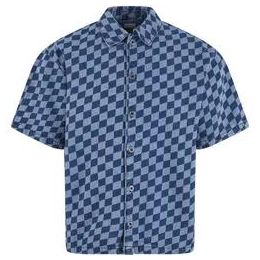 Langarm-Poloshirt Urban Classics "Urban Classics Laser Check Printed Boxy Shirt", Herren, Gr. XL, blaulasercheck, 100% Baumwolle, kariert, normal, amerikanischer Ausschnitt, Shirts
