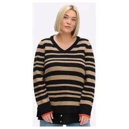 2-in-1-Pullover sheego "Pullover", Damen, Gr. 52/54, schwarz-wei&szlig; (schwarz, beige, gestreift), 50% Baumwolle, 50% Polyacryl, Einsatz:65% Baumwolle, 35% Polyacryl, gemustert, gestreift, mehrfarbig, Pullover