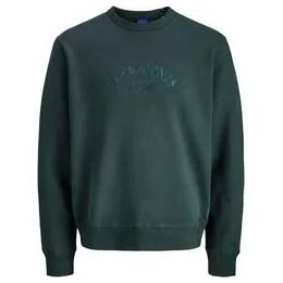 Jack & Jones Sweatshirt JACK & JONES "JORBLEECKER BRANDING SWEAT CREW BF", Herren, Gr. M, forest river detail:jj, angeraute Sweatware, Obermaterial: 70% Baumwolle, 30% Polyester, bedruckt, relaxed fit, Rundhals, Rippb&uuml;ndchen, Sweatshirts Sweatshirt