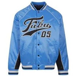 Bomberjacke Fubu "Fubu Herren FM241-012-1 Fubu Varsity Satin Raglan Bomber Jacket", Herren, Gr. S, light blau, schwarz, creme, 100% Polyamid, mehrfarbig, loose fit, amerikanischer Ausschnitt, Jacken Bomberjacke