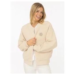 Bomberjacke Zwillingsherz "Good Vibes", Damen, Gr. XL, hellbeige, Boucl&eacute;, Obermaterial: 100% Polyester, unifarben, taillenbedeckt, ohne Ausschnitt, Rippb&uuml;ndchen, Jacken Bomberjacke, gro&szlig;e Herzen auf dem R&uuml;cken