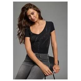 T-Shirt Melrose, Damen, Gr. 46, schwarz, Jersey, Obermaterial: 95% Viskose, 5% Elasthan, Glitzerstreifen, unifarben, tailliert h&uuml;ftlang, tiefer V-Ausschnitt, abgesteppt, Shirts T-Shirt, taillierte Passform, tiefer V-Ausschnitt, aus elastischem Jersey