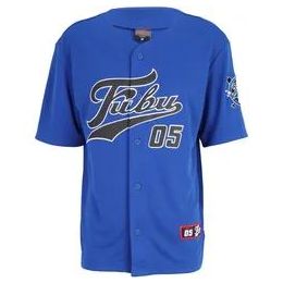 T-Shirt Fubu "Fubu FM212-005-2 Fubu Varsity Baseball Jersey", Damen, Gr. S, blau, 100% Polyester, bedruckt, oversize, V-Ausschnitt, Shirts T-Shirt