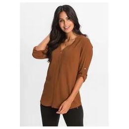 Longbluse bonprix "Longbluse", Damen, Gr. 48, braun (cognac), Obermaterial: 97% Polyester, 3% Elasthan, unifarben, V-Ausschnitt, mit Riegel, Blusen Longbluse, bequeme Passform, verdeckte Knopfleiste, unifarben, mit Brusttasche
