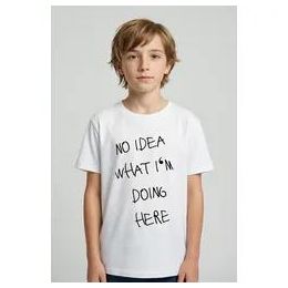 T-Shirt Kidsworld "Spruch: NO IDEA WHAT I'M DOING HERE", Jungen, Gr. 140/146, wei&szlig;, Single Jersey, Obermaterial: 100% Baumwolle, bedruckt, Basic, Rundhals, Shirts T-Shirt, f&uuml;r Jungen, Kurzarm, Basic Passform, mit modischem Druck
