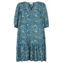 Midikleid RAFFYA "Grace Tiered Hem Floral Printed Mini Dress Damen", Damen, Gr. L, Normalgr&ouml;&szlig;en, blau, 100% Viskose, Kleider Midikleid