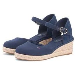 Keilsandalette Tommy Hilfiger "MID WEDGE ESPAD CLOSED TOE", Damen, Gr. 40, dunkelblau, Leder, Textil, Schuhe, Plateau, Sommerschuh mit verstellbarer Schnalle, schmale Form