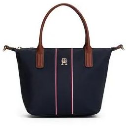 Tragetasche Tommy Hilfiger "POPETTE MINI TOTE CORP", Damen, Gr. B/H/T: 30cm x 18,5cm x 14cm, dunkelblau, Leder, Textil, Taschen, Damen Umh&auml;ngetasche, Handtasche, Schultertasche mit farbigen Streifen