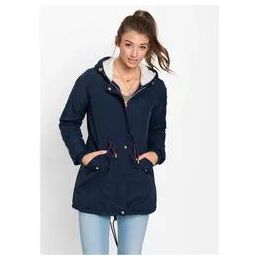 Parka bonprix, Damen, Gr. 46, blau (dunkelblau), Obermaterial: 100% Polyester. Futter: 100% Polyester. &Auml;rmelfutter: 100% Polyester, unifarben, loose fit, Rippstrickb&uuml;ndchen, Jacken Parka, modischer Stil, mit Teddy-Fleece, mit Kapuze, lockere Passform