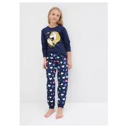 Pyjama bonprix, M&auml;dchen, Gr. 164/170, blau (dunkelblau bedruckt), Jersey, Obermaterial: 100% Baumwolle, bedruckt, Basic lang, Rundhals, Homewear-Sets Pyjama, bequeme Passform, aus Baumwolle, mit coolem Motiv