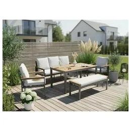 Garten-Essgruppe Konifera "Salamanca", grau, dunkelgrau, Aluminium, Massivholz, Sitzm&ouml;bel-Sets, bestehend aus 2 Sesseln, 1 Tisch, 1 Bank, 1 Sofa und Auflagekissen