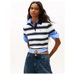 Tommy Hilfiger Poloshirt TOMMY JEANS "TJW SLIM SH ESSENTIAL SS POLO", Damen, Gr. M (38), ecru, multi stripe, Single Jersey, Obermaterial: 98% Baumwolle, 2% Elasthan, gestreift, slim fit, Shirts