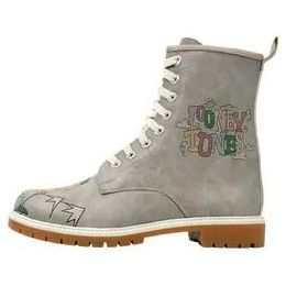 Schn&uuml;rboots DOGO "Long Boots Schn&uuml;rstiefel Looney Tunes Ski Club Damen", Damen, Gr. 40, Normalschaft, grau, Lederimitat, Schuhe Schn&uuml;rboots, Handgefertigt