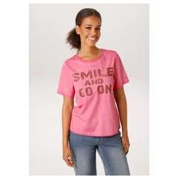 T-Shirt Aniston CASUAL, Damen, Gr. 40, pink (pink, braun), Single Jersey, Obermaterial: 100% Baumwolle, Abriebeffekte, bedruckt, figurumspielend h&uuml;ftlang, Rundhals, Shirts T-Shirt, in trendiger Oil-dyed-Waschung - NEUE KOLLEKTION