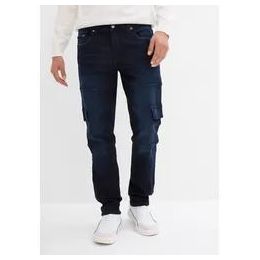 Cargojeans bonprix "Slim Fit Cargo-Stretch-Jeans, Straight", Herren, Gr. 50, N-Gr, blau (dunkelblau denim), Obermaterial: 98% Baumwolle, 2% Elasthan, slim fit, Jeans, Slim Fit, aus Baumwolle und Elasthan, mit gewaschener Optik