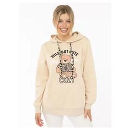 Hoodie Zwillingsherz "Wild But Cute", Damen, Gr. S/M, beige, Sweatware, Obermaterial: 80% Polyester, 20% Baumwolle, Sweatshirts Hoodie, Mini-Me,mit niedlichem Teddyb&auml;r und selbstbewusstem Slogan
