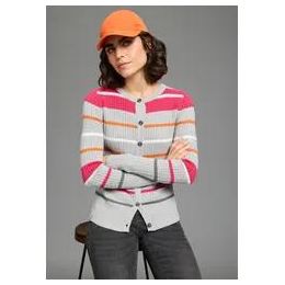 Strickjacke Kangaroos, Damen, Gr. 44/46, grau, pink, orange, Rippstrick, Obermaterial: 50% Baumwolle, 50% Polyacryl, figurbetont h&uuml;ftlang, Rundhals, Rippb&uuml;ndchen, Strickjacken Strickjacke, mit Zopfmuster und Streifen