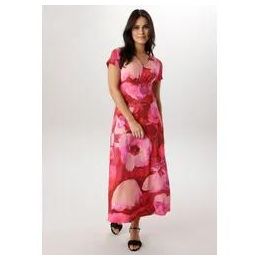 Midikleid Aniston SELECTED, Damen, Gr. 46, N-Gr, rot, rosa, pink, dunkelrot, beige, rost, lila, Single Jersey, Obermaterial: 95% Viskose, 5% Elasthan, bedruckt, gebl&uuml;mt, gemustert, figurumspielend wadenlang, V-Ausschnitt, Kleider Midikleid, mit Smok-Details und fantasievollem Bl&uuml;tendruck - NEUE KOLLEKTION