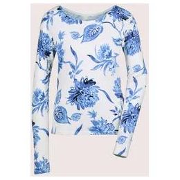 Madeleine Mode Longpullover MADELEINE "Pullover Rundhals-Pullover mit Floral-Print", Damen, Gr. 36/38, wei&szlig; (wei&szlig;, blau), Obermaterial: 71% Viskose CV. 29% Polyamid PA., Modern, normal, Pullover Longpullover