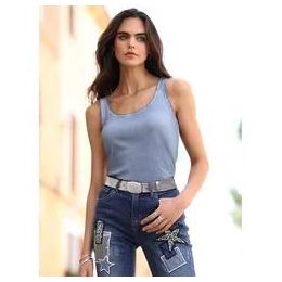 Shirttop Heine, Damen, Gr. 38, taubenblau, 95% Baumwolle, 5% Elasthan, gemustert, Rundhals, Tops Shirttop