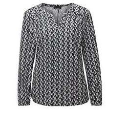 Kurzarmbluse GOLDNER "Elegantes Blusenshirt mit V-Ausschnitt", Damen, Gr. 42, grau (grau, gemustert), Obermaterial: 95% Polyester PES. 5% Elasthan EL., weit Gummib&uuml;ndchen, Blusen, Schulterpasse mit Kr&auml;uselung