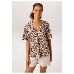 Schlupfbluse Aniston CASUAL, Damen, Gr. 46, ecru, dunkelbraun, beige, Web, Obermaterial: 100% Baumwolle, bedruckt, gemustert, figurumspielend h&uuml;ftlang, V-Ausschnitt, weit, Blusen Schlupfbluse, im farbharmonischen Leoprint - jedes Teil ein Unikat - NEUE KOLLEKTION