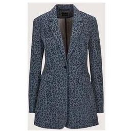 Madeleine Mode Jackenblazer MADELEINE "Denimblazer Langarm Denimblazer mit Leo-Flockprint", Damen, Gr. 44, blau (blau, nebelblau), Obermaterial: 72% Polyester PES. 25% Baumwolle CO. 3% Elasthan EL., Modern, tailliert, Blazer, geflockte Ware, Leo-Muster
