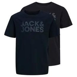 Jack & Jones T-Shirt JACK & JONES JUNIOR "JJECORP LOGO TEE SS CN 2PK MP NOOS JNR", Jungen, Gr. 128, schwarz pack:tonal with schwarz, large, navy blazer, large, Single Jersey, Obermaterial: 100% Baumwolle, bedruckt, regular fit normal, Rundhals, Shirts T-Shirt