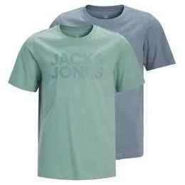 Jack & Jones T-Shirt JACK & JONES JUNIOR "JJECORP LOGO TEE SS CN 2PK MP NOOS JNR", Jungen, Gr. 128, mineral blau pack:tonal with mineralblau, big, blaumirage, big, Single Jersey, Obermaterial: 100% Baumwolle, bedruckt, regular fit normal, Rundhals, Shirts T-Shirt